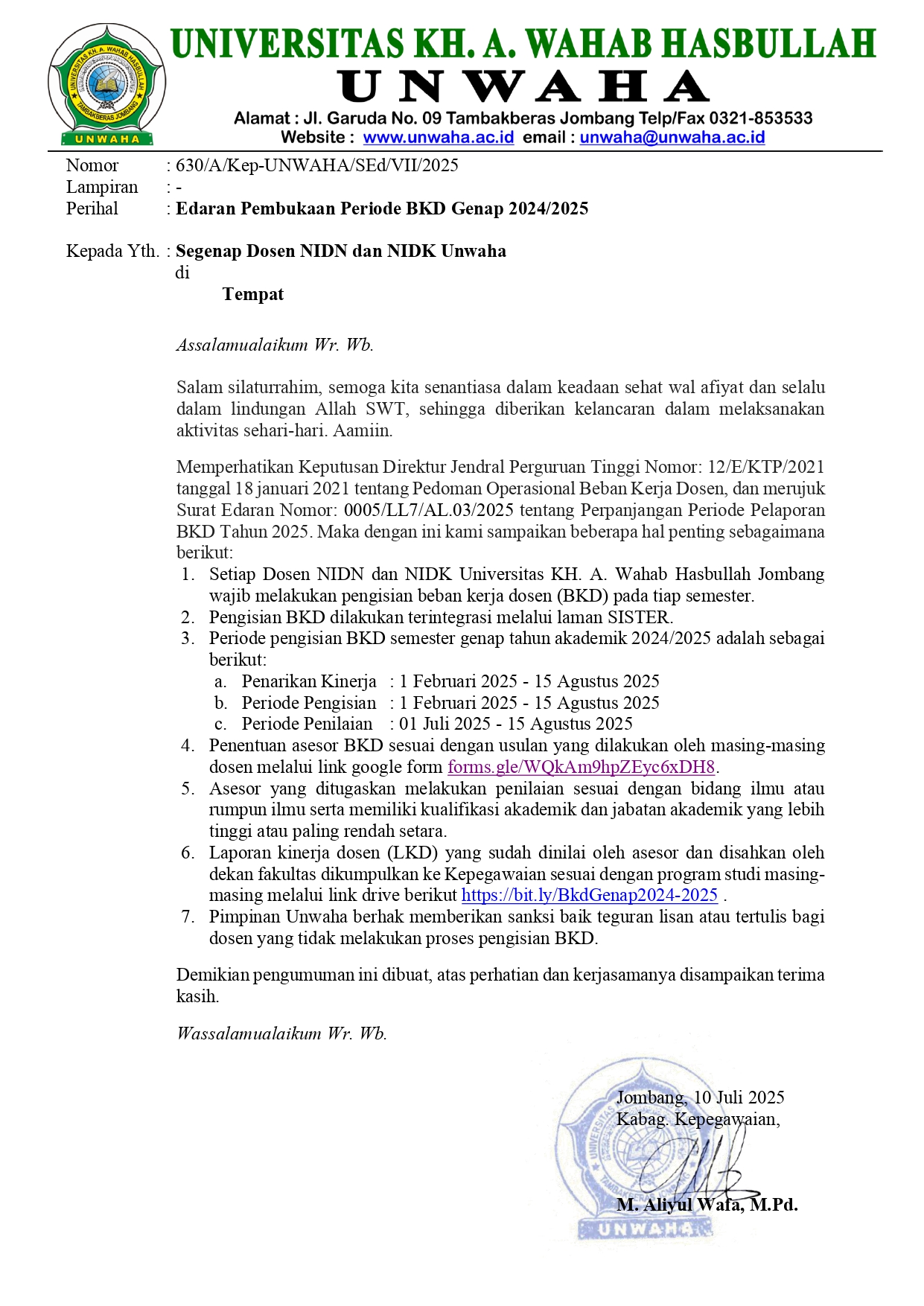 Pembukaan Periode BKD Genap 2024/2025 – KEPEGAWAIAN UNWAHA